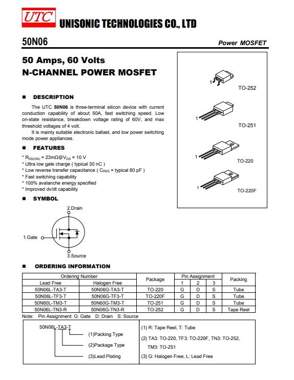 50N06L UTC N-Channel 60-V (D-S) MOSFET | 露天市集 | 全台最大的網路購物市集