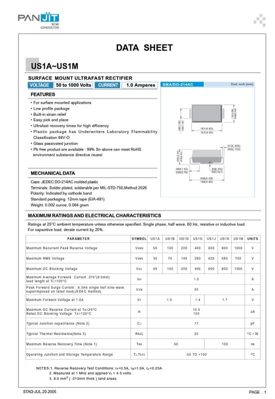 US1D PANJIT SURFACE MOUNT ULTRAFAST RECTIFIER | 露天市集 | 全台最大的網路購物市集
