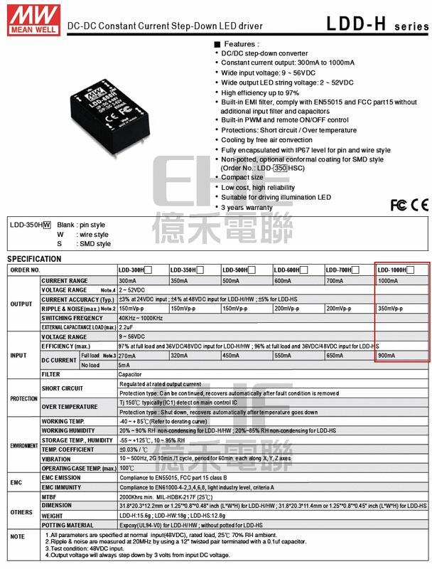 EHE】高性能LDD-1000H安規調光驅動器(LED用1A定電流)。搭載MW明緯模組。適CREE可瑞XPE2等5W燈珠 | 露天市集 | 全 ...
