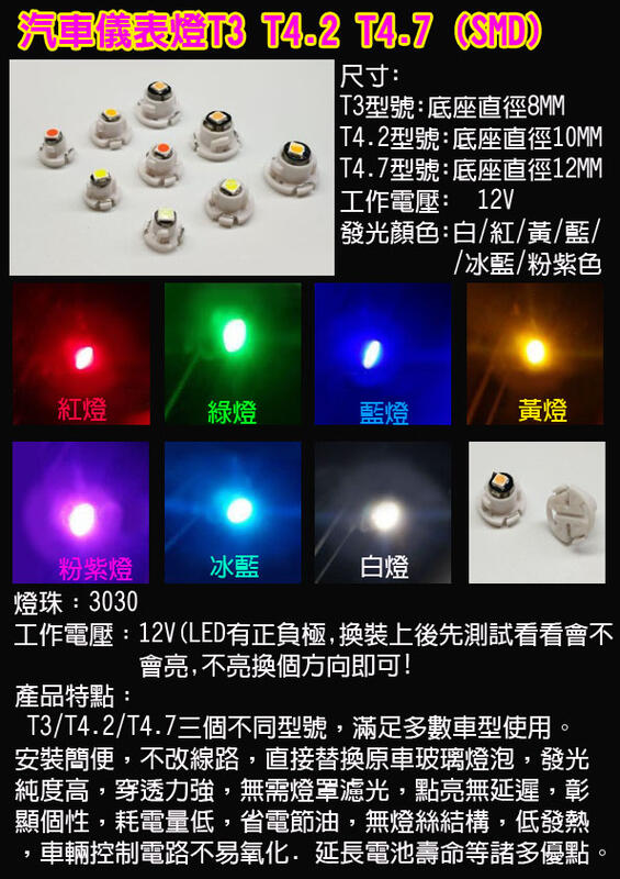 儀表燈 T3 / T4.2 / T4.7 SMD LED 時鐘燈 冷氣燈 面板燈 中控燈 空調燈 排檔燈 燈配件 毛燈泡 | 露天市集 | 全 ...