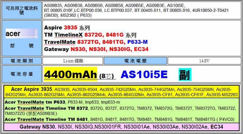 Acer AS10I5E TM 8372G 副廠 電池 8481G P633-m 3935g as09b3e | 露天市集 | 全台最大的網路購物市集