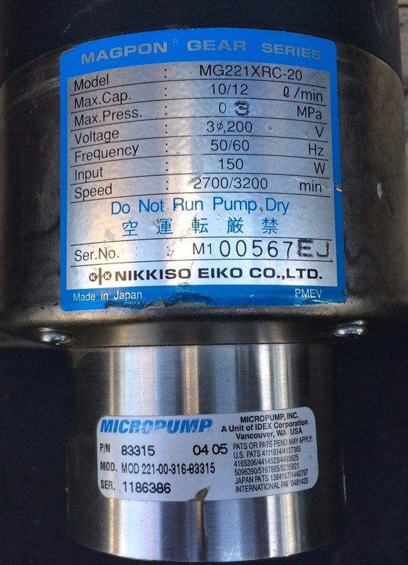 NIKKISO EIKO MAGNET GEAR PUMP MG221XRC-20(三相220V)不鏽鋼無軸封齒輪幫浦--輸送藥水/輸送化學 ...