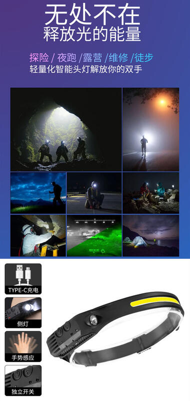 雙模開關頭燈白光燈+紅光燈LED迷你多功能揮手感應頭戴燈COB戶外探險釣魚強光手電筒 | 露天市集 | 全台最大的網路購物市集