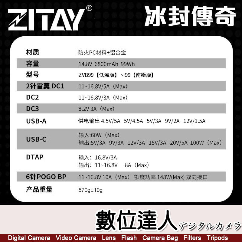 希鐵 ZITAY ZVB99 冰封傳奇 V口電池 99wh【低溫版】USB-C D-Type V掛 行充 攝影燈 監視器 | 露天市集 | 全台最大的網路購物市集