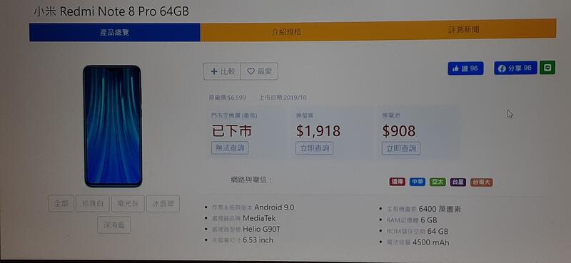 小米 紅米 Note8 Pro note8pro（4G雙卡 6400萬 八核G90T 6.53吋）只測試可開機觸控正常 | 露天市集 | 全台最大的網路購物市集