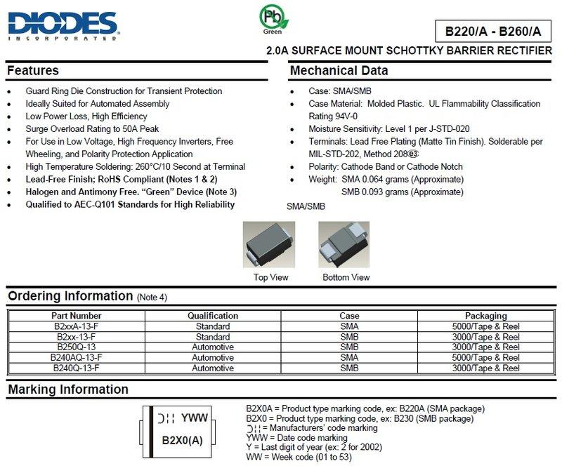 蕭特基二極体 (DIODES B240A )SMA 40V 2A VF