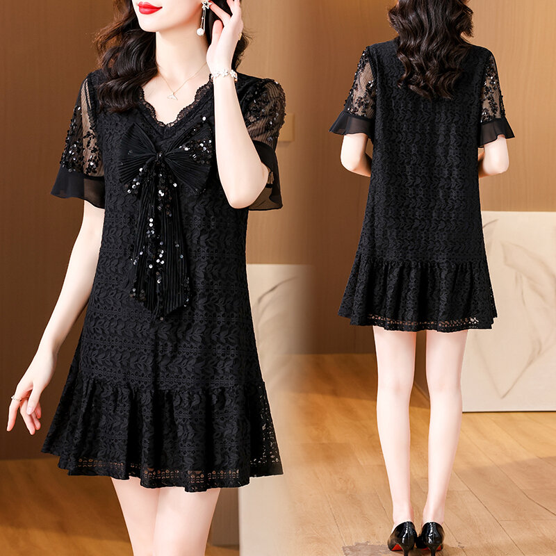 【pink girl】預購 春夏裝 #【胖MM】#【圖片色,L~5XL】PF5462#小香風V領顯瘦蝴蝶結珠片繡短袖洋裝 | 露天市集 | 全台最大的網路購物市集