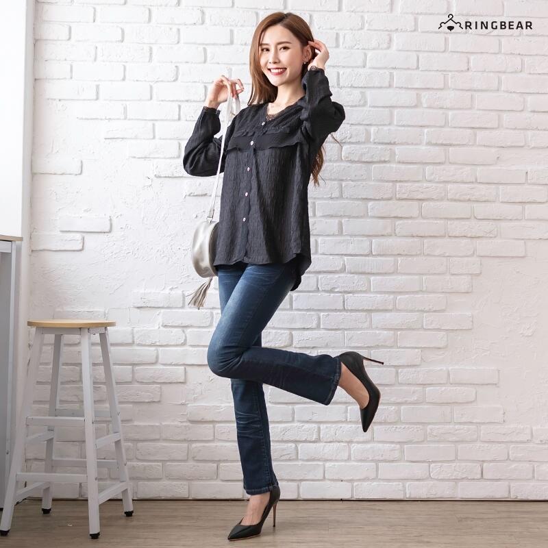 加大尺碼--X591簡約時尚蕾絲緹花V領亮眼排釦壓皺雪紡長袖上衣(黑L-2L)-眼圈熊中大尺碼 | 露天市集 | 全台最大的網路購物市集