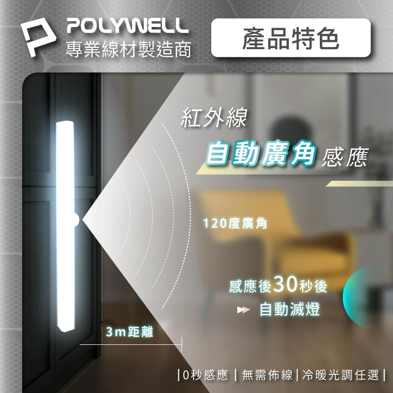 POLYWELL/寶利威爾/6邊長條型磁吸式LED感應燈/USB充電/自動人體感應/單色溫/亮度可調/紅外線運動偵測 | 露天市集 | 全台最大的網路購物市集