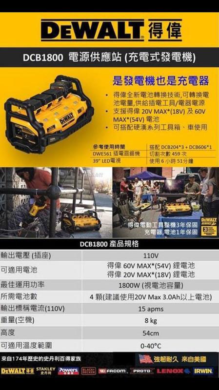【新宇五金工具行】美國 DEWALT 得偉 DCB1800 充電式發電機 20V~60V通用 靜音式發電機 ！(特價) | 露天市集 | 全台 ...