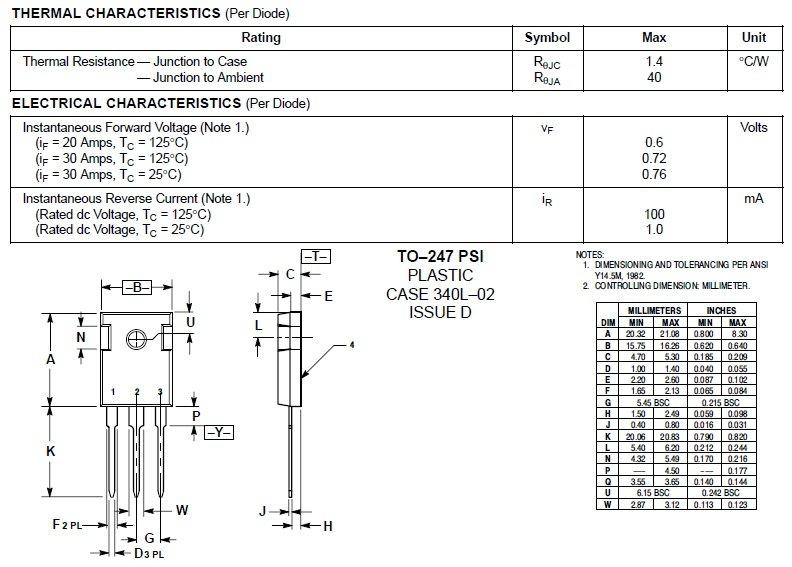 蕭特基二極体 ON MBR3045WT TO-247 (1→2←3) 45V 30A VF