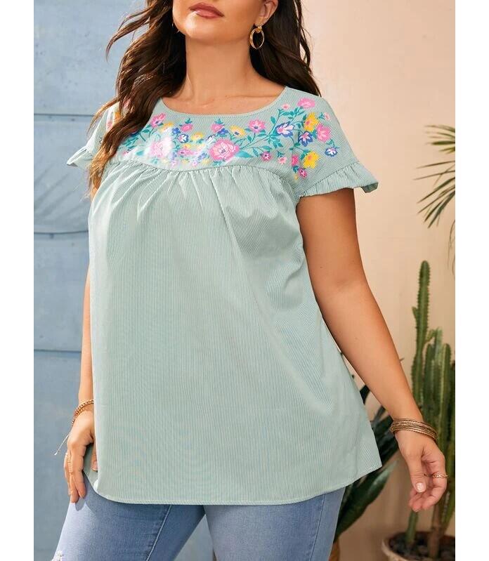 Mola衣著☆。【全新】大碼 尺寸0XL ★SHEIN 波西米亞 直條紋 花卉 荷葉邊袖口 圓領 襯衫（薄荷綠） | 露天市集 | 全台最大的 ...