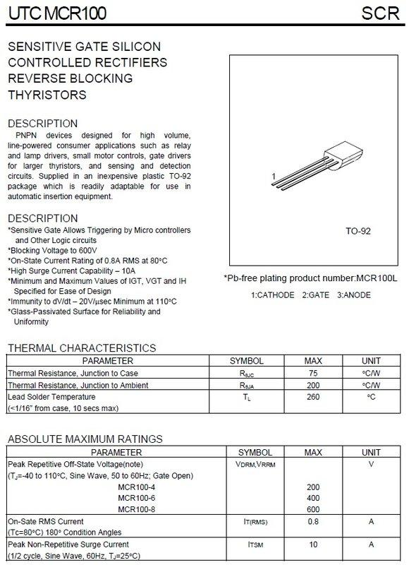 UTC MCR100L-6 TO-92 400V 0.8A IGT