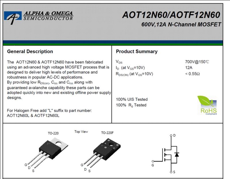 科達電子 現貨POWER MOSFET ALPHA & OMEGA AOTF12N60 TF12N60 (每拍7PCS) | 露天市集 | 全 ...