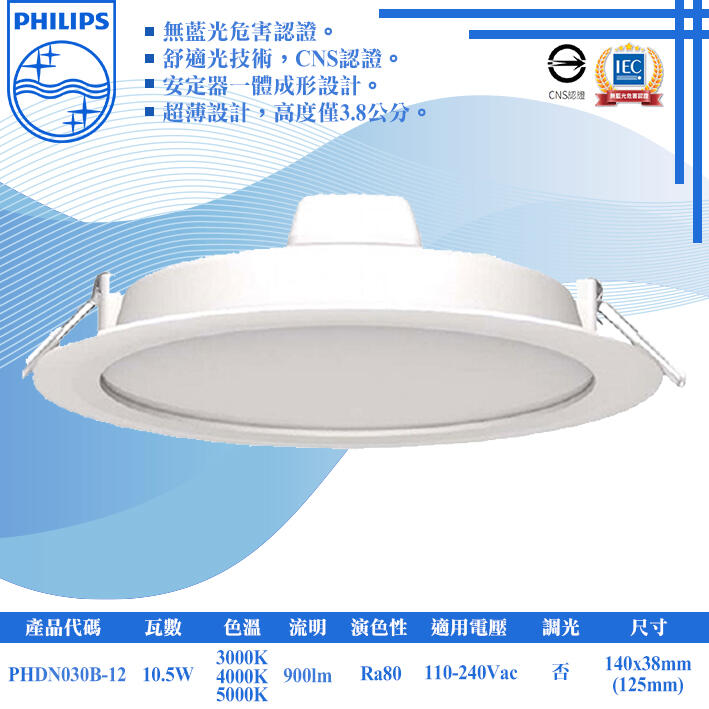 【LED.SMD】(LUPHDN030B-12)PHILIPS LED-10.5W 12公分薄型崁燈 全電壓 CNS認證 | 露天市集 | 全 ...