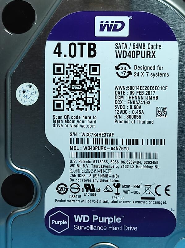 WD 紫標 WD40PURX-64NZ6Y0 4TB 3.5吋 6Gb/s 無壞軌無異聲 良品 | 露天市集 | 全台最大的網路購物市集