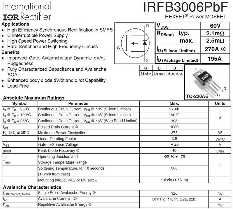 場效電晶體 (IR IRFB3006PBF ) TO220(N-CH) 60V 270A 2.5mΩ, IRFB3006 | 露天市集 | 全 ...