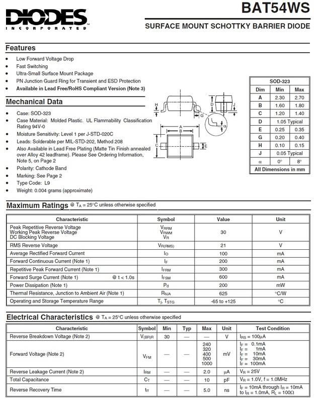 蕭特基二極体 (DIODES BAT54WS ) SOD-323 30V 0.1A 5ns 0.2W | 露天市集 | 全台最大的網路購物市集