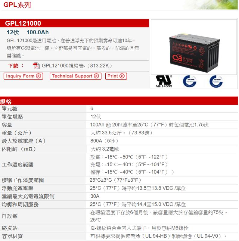 限量30顆 全新2019年貨 神戶CSB GPL121000 10年壽命 12V100AH 深循環電池 太陽能 海釣 | 露天市集 | 全台最 ...