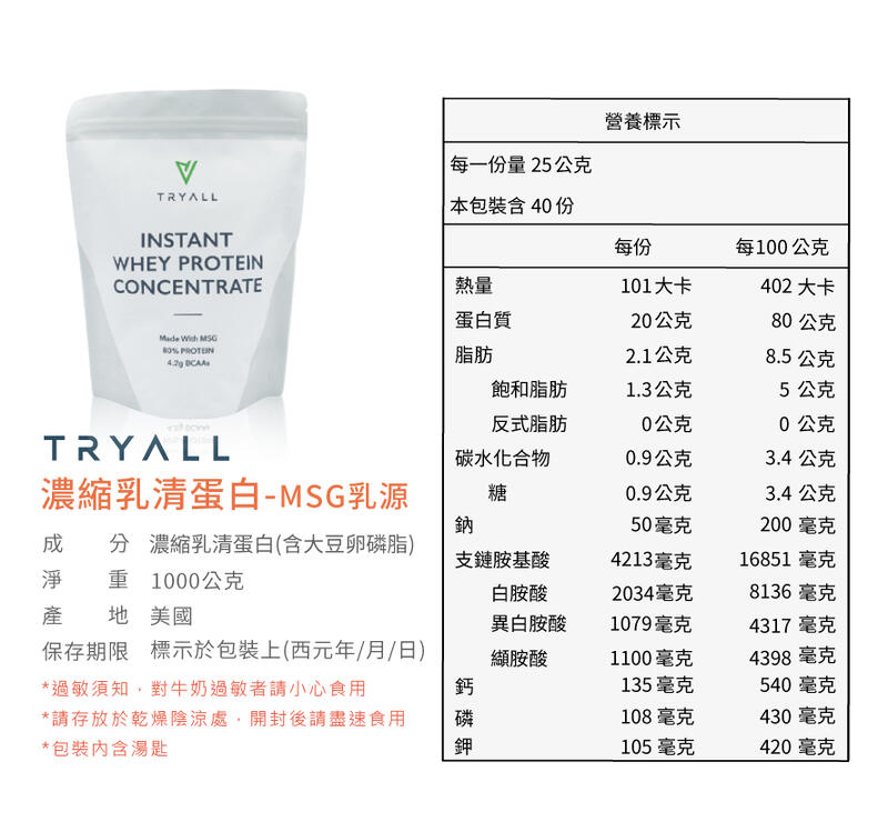 現貨免等 台灣 Tryall 無添加濃縮乳清蛋白MSG/GLC(1kg/袋) 原味 乳清 | 露天市集 | 全台最大的網路購物市集
