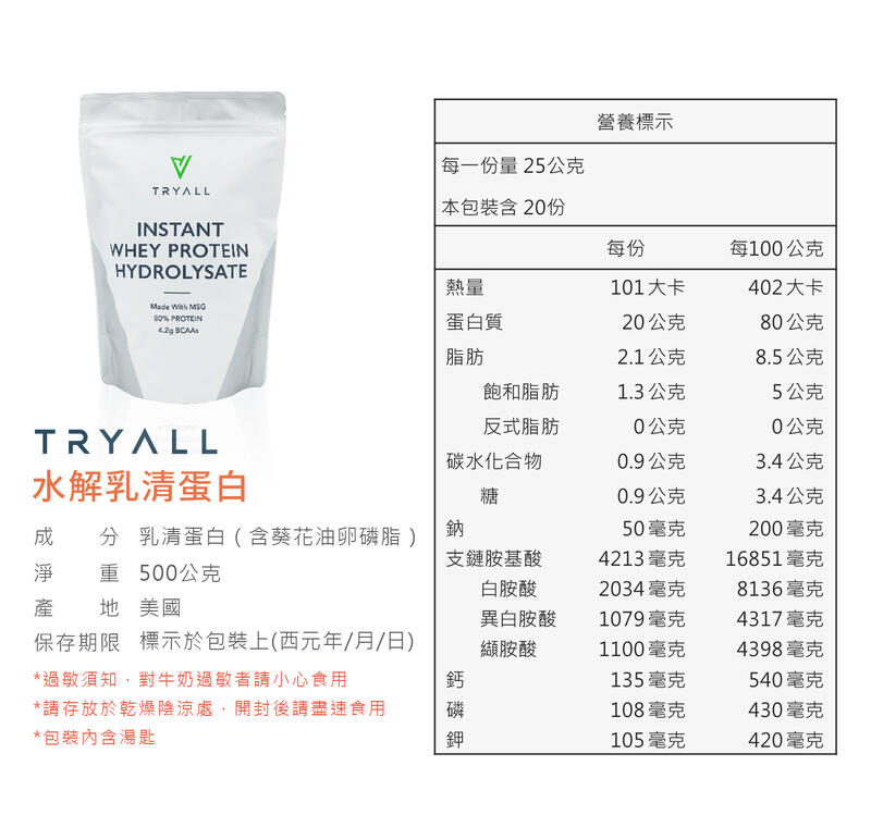 代購[台灣 Tryall] 水解乳清蛋白(MSG分裝)1KG (500g/袋),共2袋..特惠1,030元(免運) | 露天市集 | 全台最大的網路購物市集