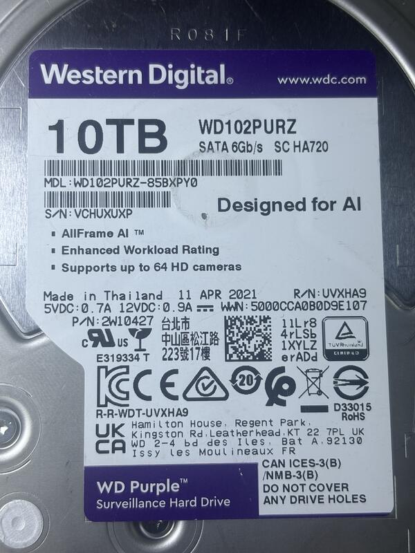 WD 10TB 10T 紫標監控硬碟 型號, WD102PURZ 測試正常, 無異音,無壞軌,正常使用 | 露天市集 | 全台最大的網路購物市集