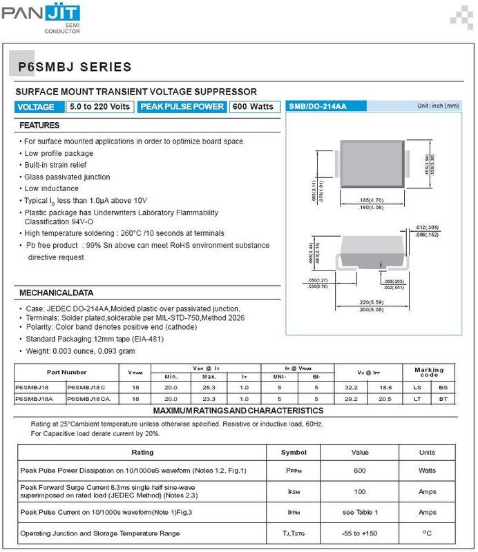TVS DIODE ( SMBJ 突波 吸收 二極体 ) PAN-JIT P6SMBJ18CA 600W 18V (雙向) SMB | 露天 ...