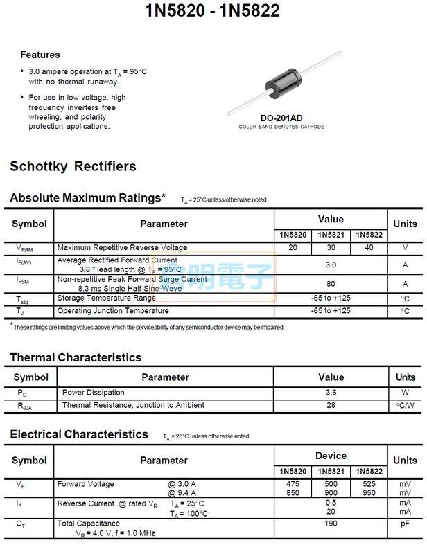 170】 蕭特基二極体 SCHOTTKY DIODE 1N5822(SR340 3A40V)『倉明電子』 | 露天市集 | 全台最大的網路購物市集