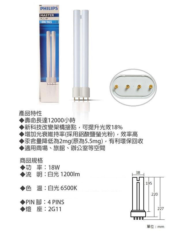 🚀速配🚀飛利浦💡含稅 緊密型 省電燈管 18W PL-L 4pins 白光★光彩照明PH-18WPLL%4P | 露天市集 | 全台最大的網路購物市集
