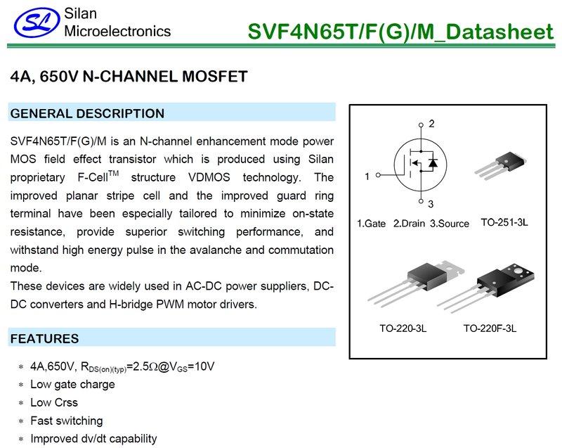 科達電料 現貨 POWER MOSFET Silan SVF4N65F 隔離型TO-220F 650V 4A 1拍5顆 | 露天市集 | 全台 ...
