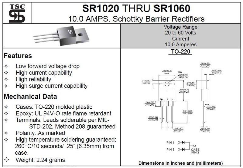 SCHOTTKY DIODE ( TS SR1060 ) TO-220AB (1→2←3) 60V 10A | 露天市集 | 全台最大的網路購物市集