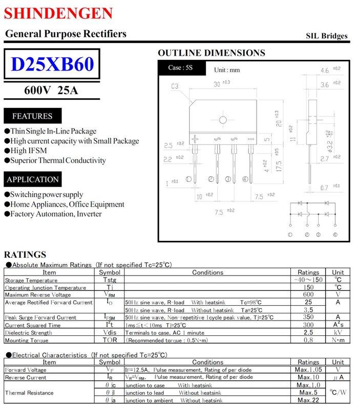 橋式整流子, 橋整, D25XB60, 25A 600V, Shindengen Bridge Rectifiers (每拍10 PCS ...