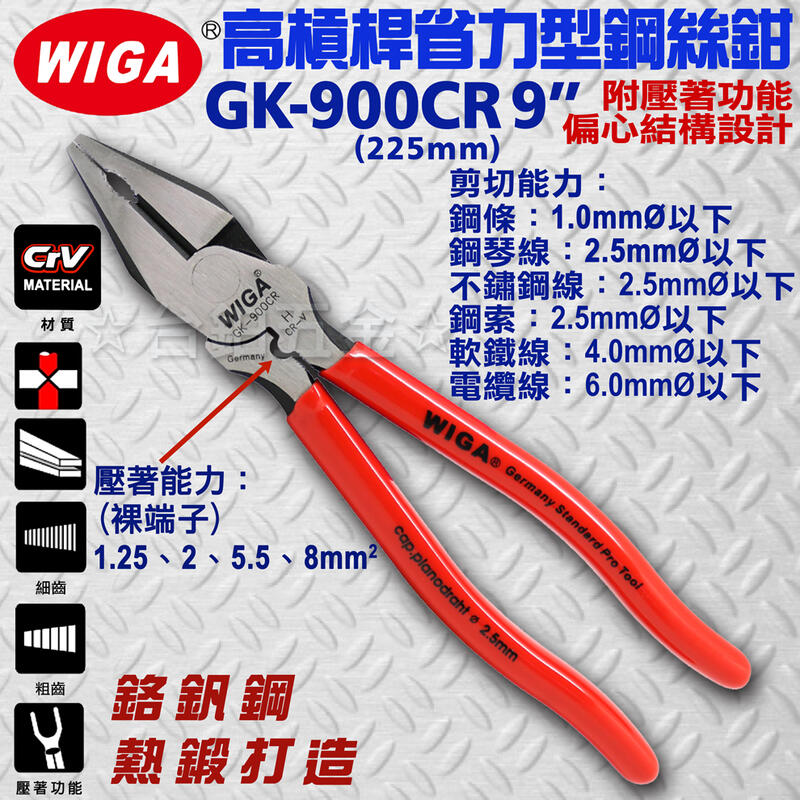 WIGA GK-900CR 9" 高槓桿省力型鋼絲鉗 老虎鉗 [附壓著功能、偏心結構設計] 含稅價 ☆台鈤五金☆ | 露天市集 | 全台最大的網路購物市集