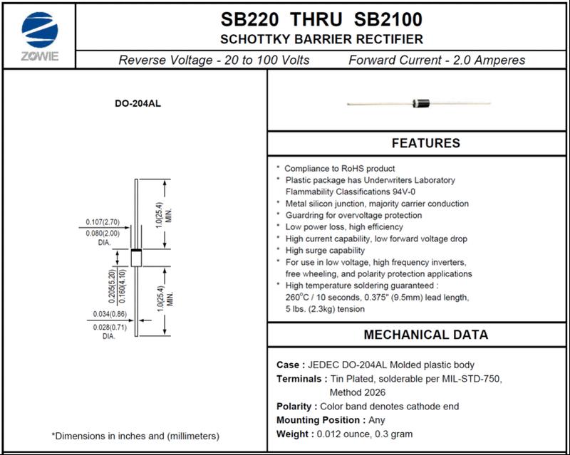 [現貨供應]台灣智威ZOWIE SB2100 蕭特機二極體 2A 100V(每拍10PCS) | 露天市集 | 全台最大的網路購物市集