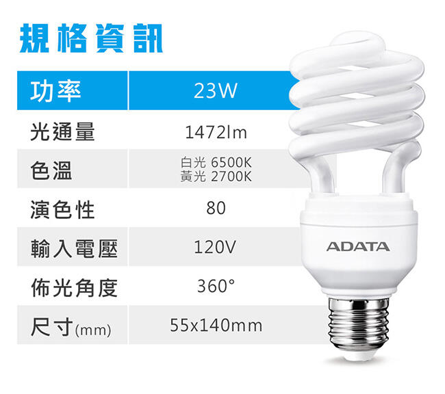 威剛 E27 23W 120V 螺旋省電燈泡 白光 | 露天市集 | 全台最大的網路購物市集