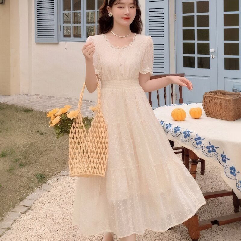 【pink girl】預購 春夏裝 #【大碼,S~XL,米白色】MY1197#甜美氣質蕾絲泡泡袖短袖洋裝 | 露天市集 | 全台最大的網路購物市集