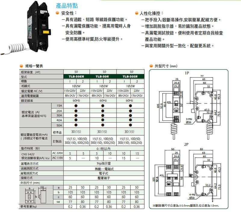 東元 TLB-50SR 2P 15A 20A 30A 40A 50A TECO ELCB 15KA容量同NVB-50HS | 露天市集 | 全台最大的網路購物市集