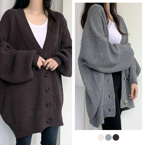 超哥小舖【C25004】寬鬆燈籠袖針織外套休閒chic慵懶風中長款V領單排釦長袖毛衣上衣開衫秋冬 | 露天市集 | 全台最大的網路購物市集