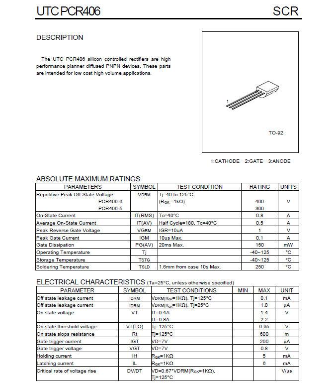 【DIY_LAB#808A】(10個)PCR406J (TO-92) 400V/0.8A SCR 單向矽控整流器(現貨) | 露天市集 | 全台最大的網路購物市集