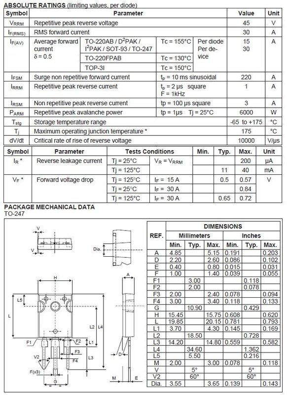 蕭特基二極体 ( ST STPS3045CW ) TO-247(1→2←3) 45V 30A | 露天市集 | 全台最大的網路購物市集