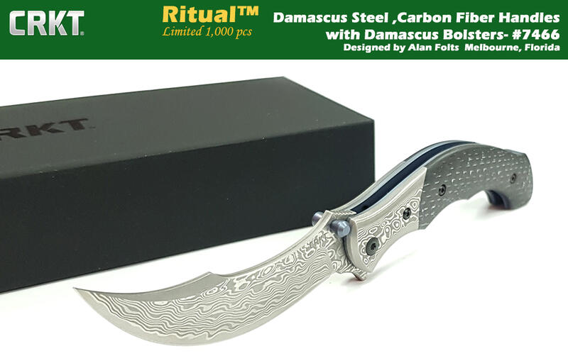 CRKT Ritual™ Compact 碳纖藍色陽極氧化大馬士革鋼柄波斯刀形折刀-大馬士革鋼 特價 | 露天市集 | 全台最大的網路購物市集