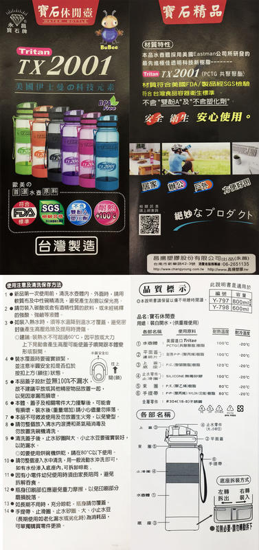 寶石水壺 TX2001 休閒水壺 使用美國食品級原料 600ml水壺 運動水壺 彈蓋 底部可拆洗 - 水藍款 | 露天市集 | 全台最大的網路購物市集