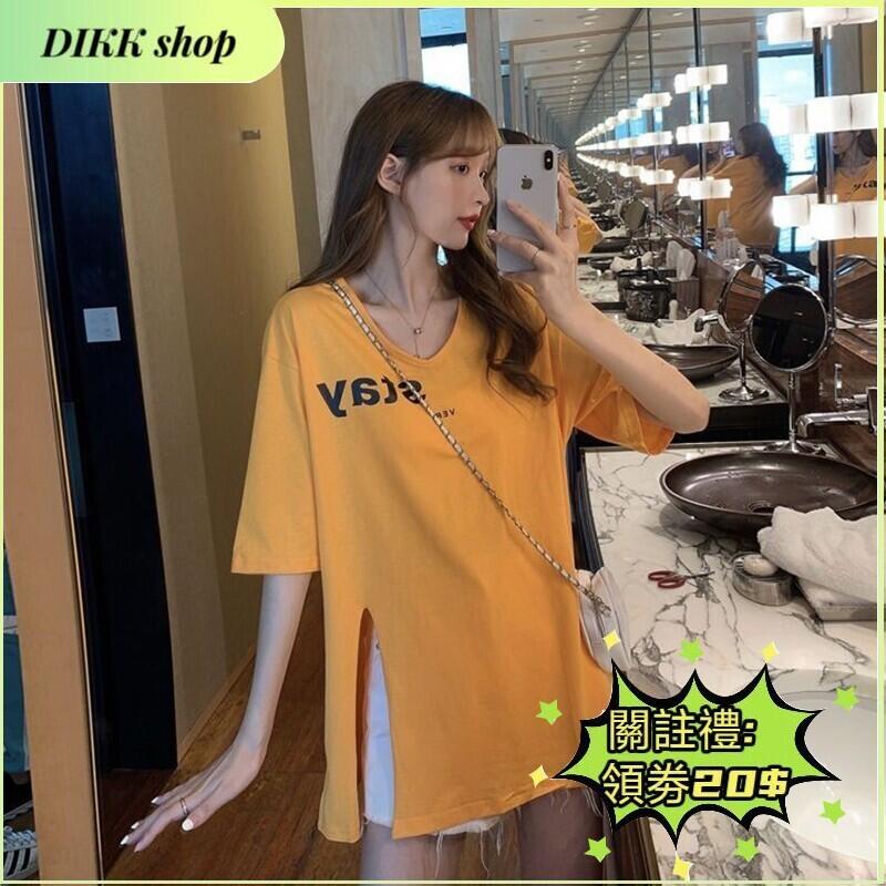 臺灣特賣夏季設計感印花小眾寬松顯瘦開叉v領ins開叉中長款短袖t恤女 | 露天市集 | 全台最大的網路購物市集